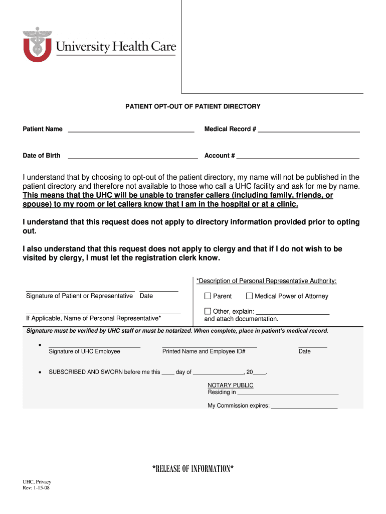 Patient Opt-Out of Directory Form - Blank Fillable Template | Fill Out ...