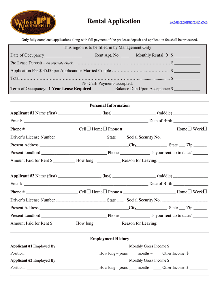 Fillable Online Rental Application - Webster Apartments Fax Email Print ...