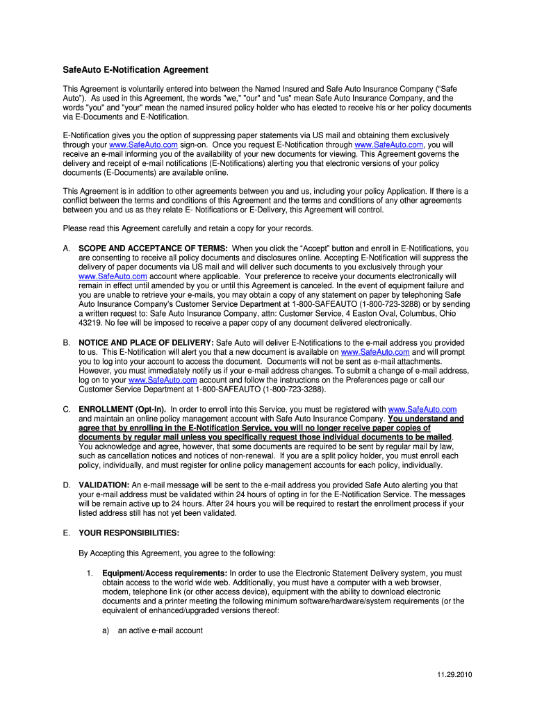 Fillable Online SafeAuto E-Notification Agreement - SafeAuto Insurance ...