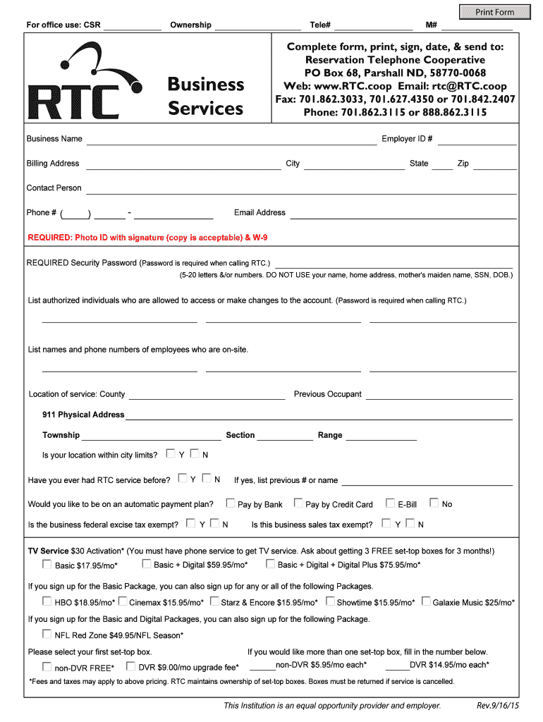 Fillable Online rtc Reservation Telephone Cooperative Fax Email Print ...