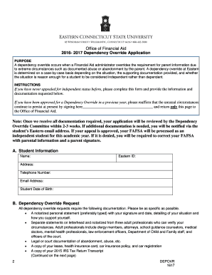 Fillable Online Office of Financial Aid 2016- 2017 Dependency Override ...