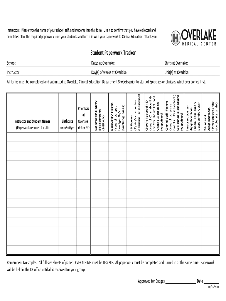 Fillable Online overlakehospital Student Paperwork Tracker ...