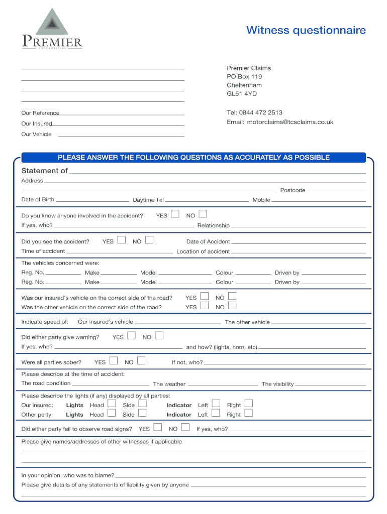 Fillable Online Witness questionnaire REMIER - Premier Fax Email Print ...