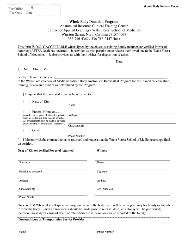 Fillable Online wakehealth Body Release Formdocx Fax Email Print ...