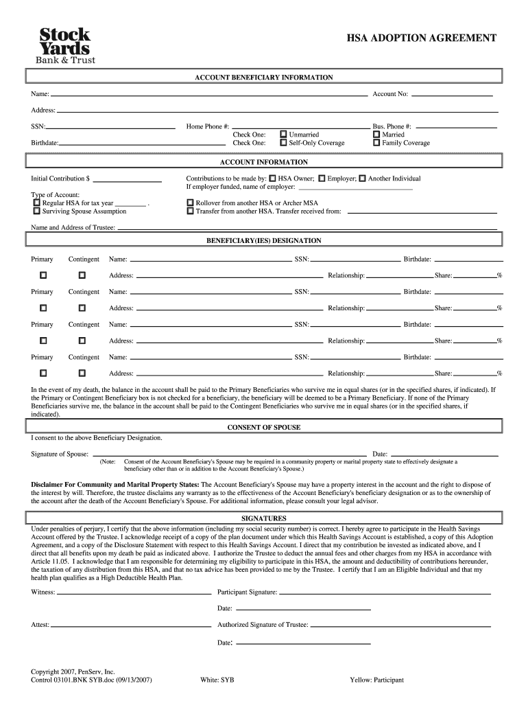 Fillable Online HSA Trust Document and Disclosure Statement 03001BNK ...