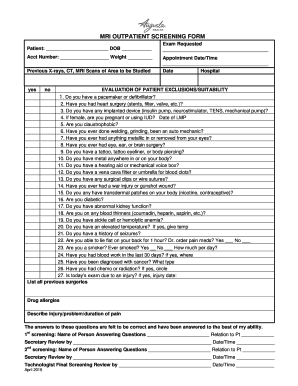Fillable Online MRI OUTPATIENT SCREENING FORM - augustahealthcom Fax ...