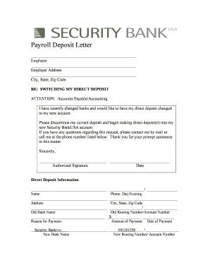 Fillable Online Payroll Deposit Letter - Security Bank USA Fax Email ...