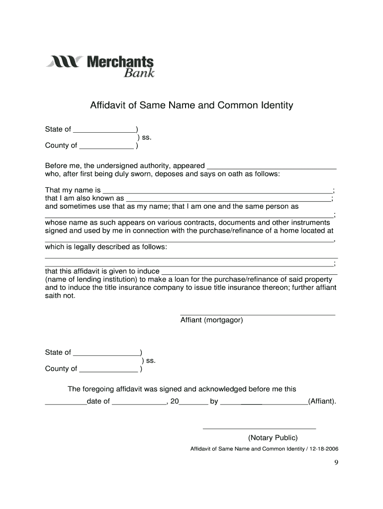 Fillable Online Affidavit of Same Name and Common Identity Fax Email ...