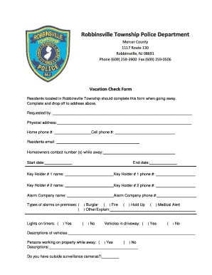 Fillable Online robbinsvilletownshippolice Vacation Check Form ...