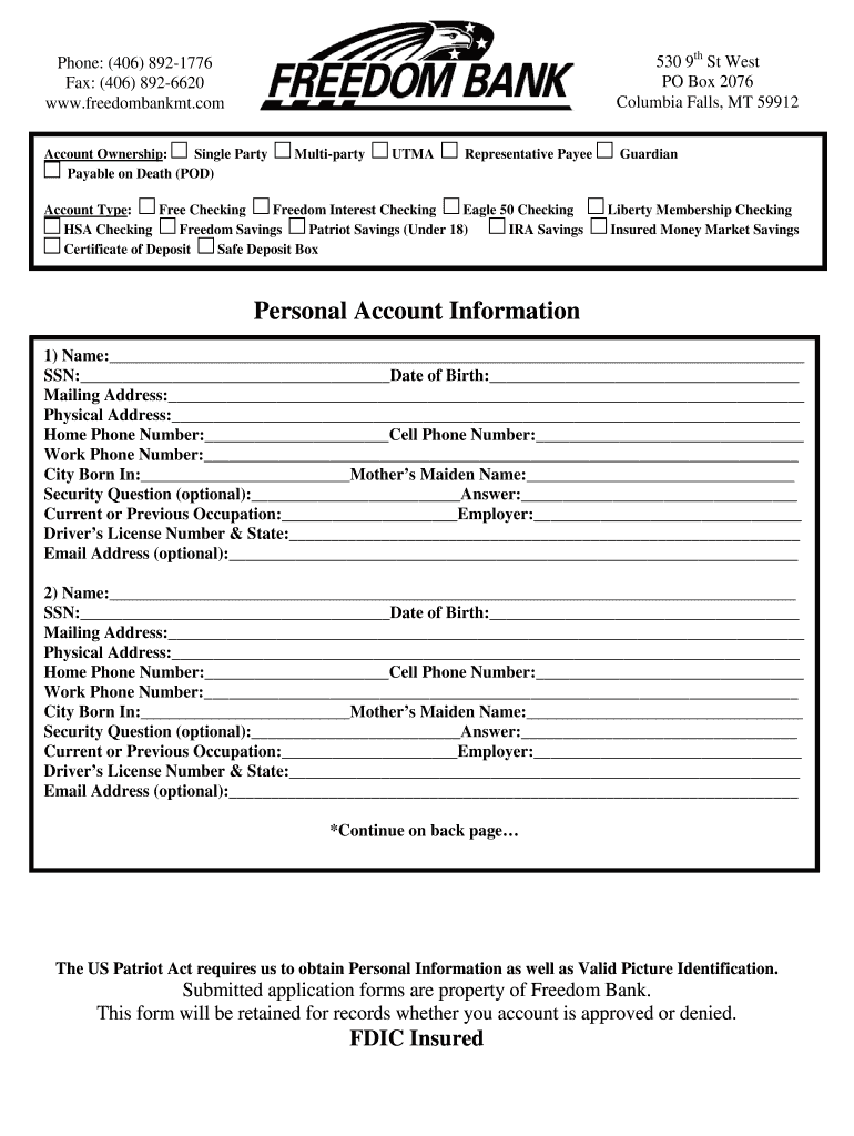 Fillable Online Personal Account Information - Freedom Bank Fax Email ...