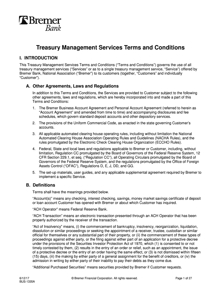 Fillable Online Treasury Management Services Terms and Conditions Fax ...