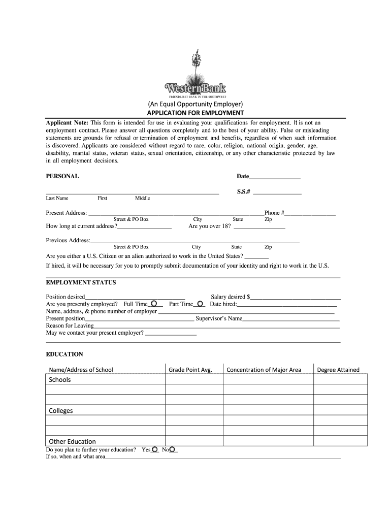 Fillable Online An Equal Opportunity Employer APPLICATION FOR ...