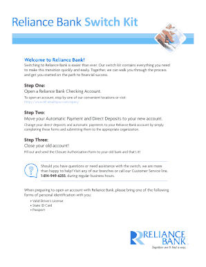 Fillable Online Reliance Bank Switch Kit Fax Email Print - pdfFiller