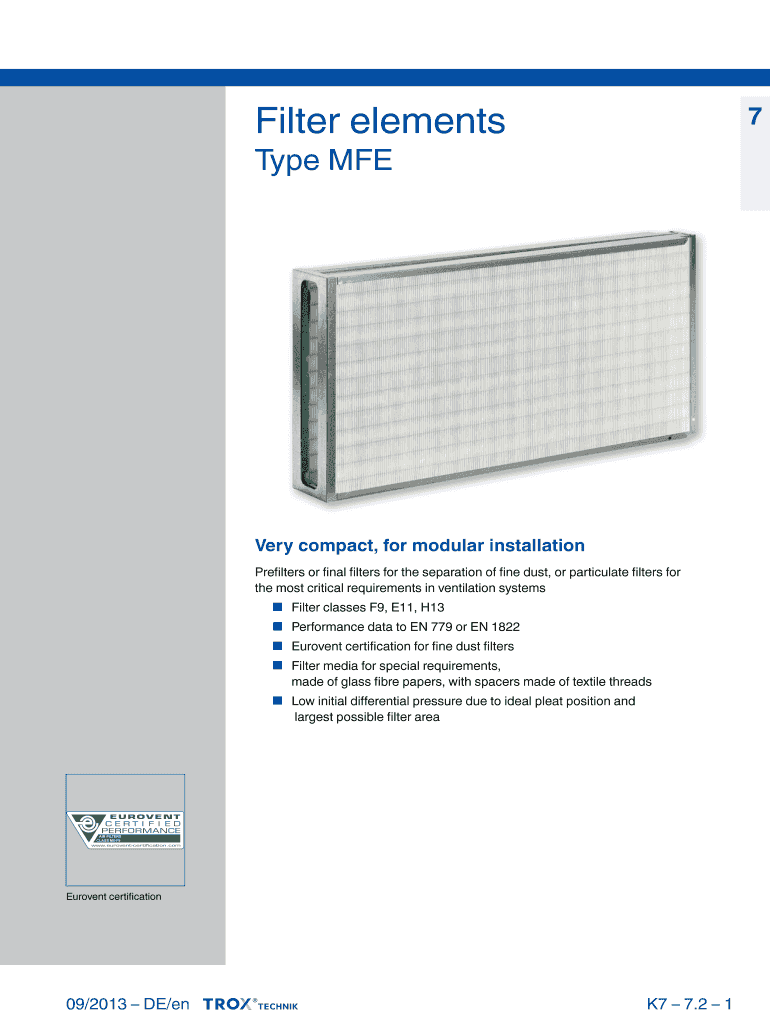 Fillable Online Filter elements Type MFE TROX Catalogue Filter Units ...