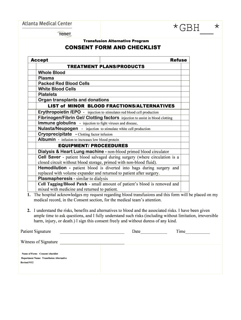 Fillable Online 2012 blood product consent form for TAP Fax Email Print ...