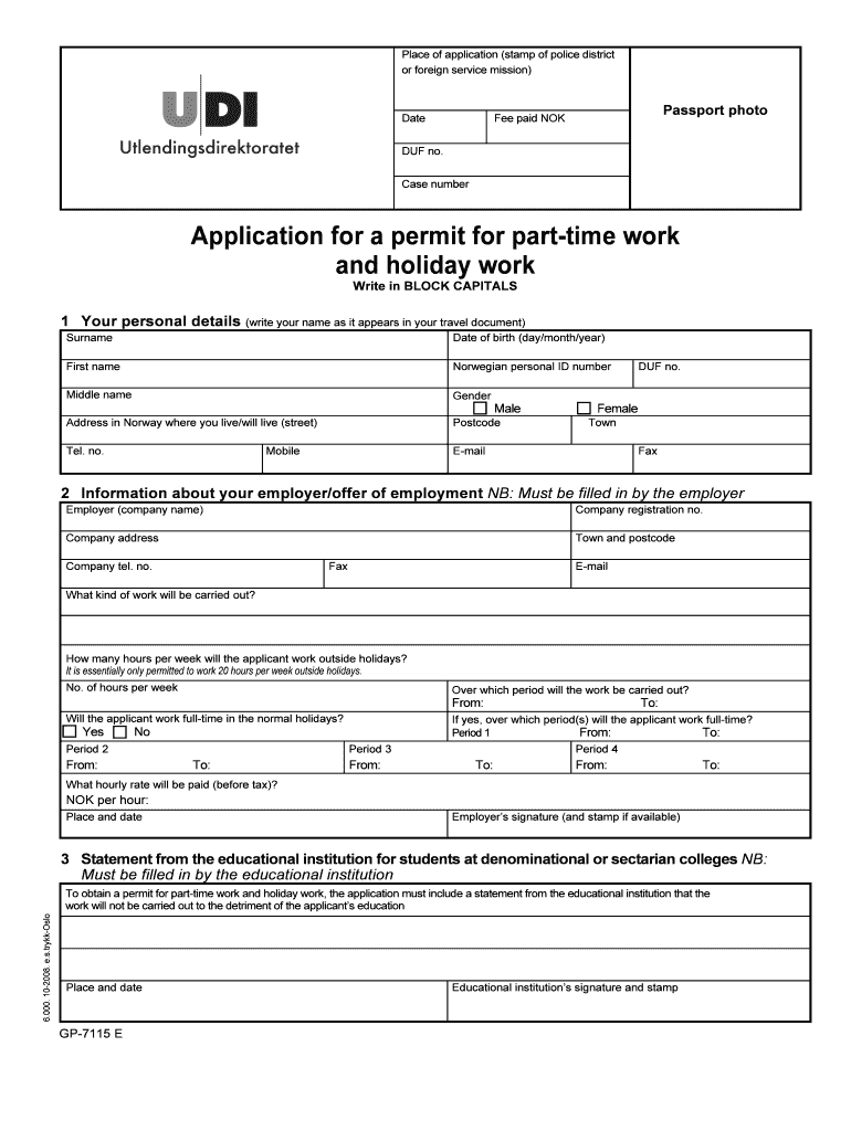 Fillable Online norway Application for a permit for part-time work and ...