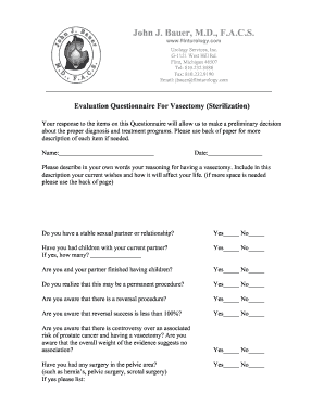 Fillable Online Evaluation Questionnaire For Vasectomy Fax Email Print ...