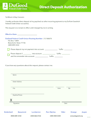 Fillable Online dugood Direct Deposit Authorization - DuGood Credit ...