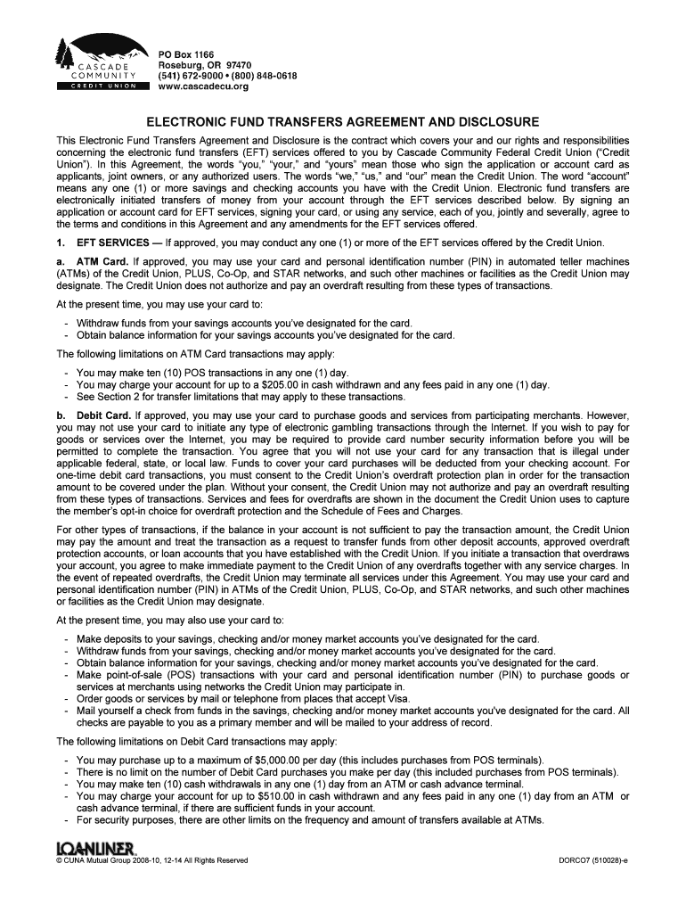 Fillable Online cascadecu Electronic fund transfers agreement and ...