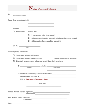 Fillable Online Notice of Account Closure - Benchmark Community Bank ...