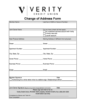 Fillable Online Change of Address Form - Verity Credit Union Fax Email ...
