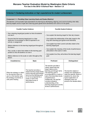 Fillable Online Marzano Teacher Evaluation Model by Washington State ...