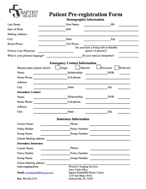 Fillable Online Patient Pre-registration Form - e-baptisthealthcom Fax ...