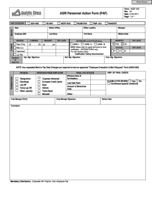 Fillable Online ASRI Personnel Action Form PAF - Analytic Stress Fax ...