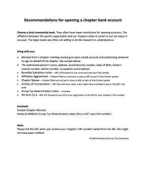 Fillable Online Recommendations for opening a chapter bank account Fax ...