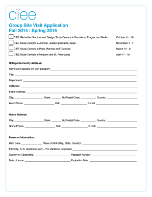 Fillable Online ciee Group Site Visit Application Fall 2014 Spring 2015 ...