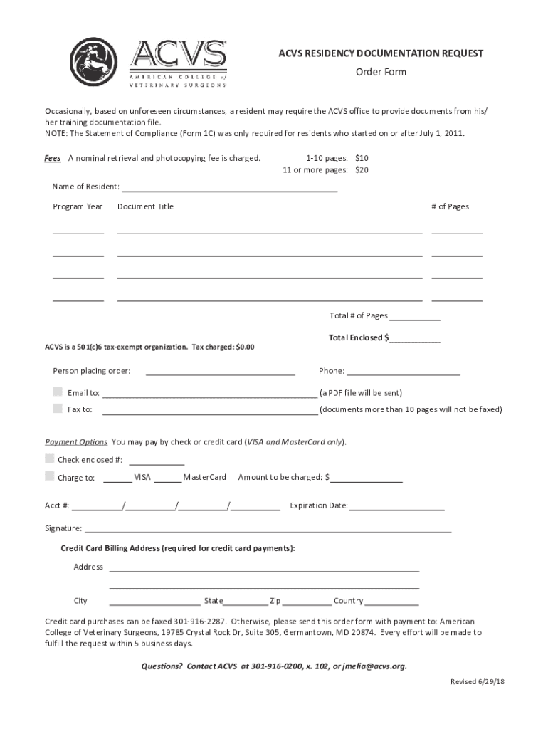 Fillable Online ACVS Residency Documentation Request Order Form Fax ...