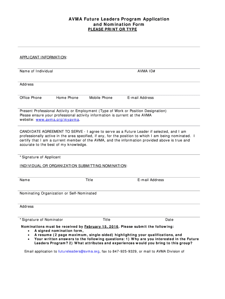 Fillable Online avma AVMA Future Leaders Program Application and ...