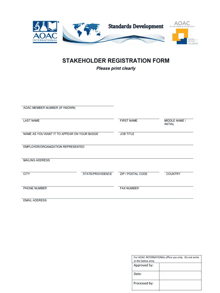 Fillable Online aoac STAKEHOLDER REGISTRATION FORM - AOAC International ...