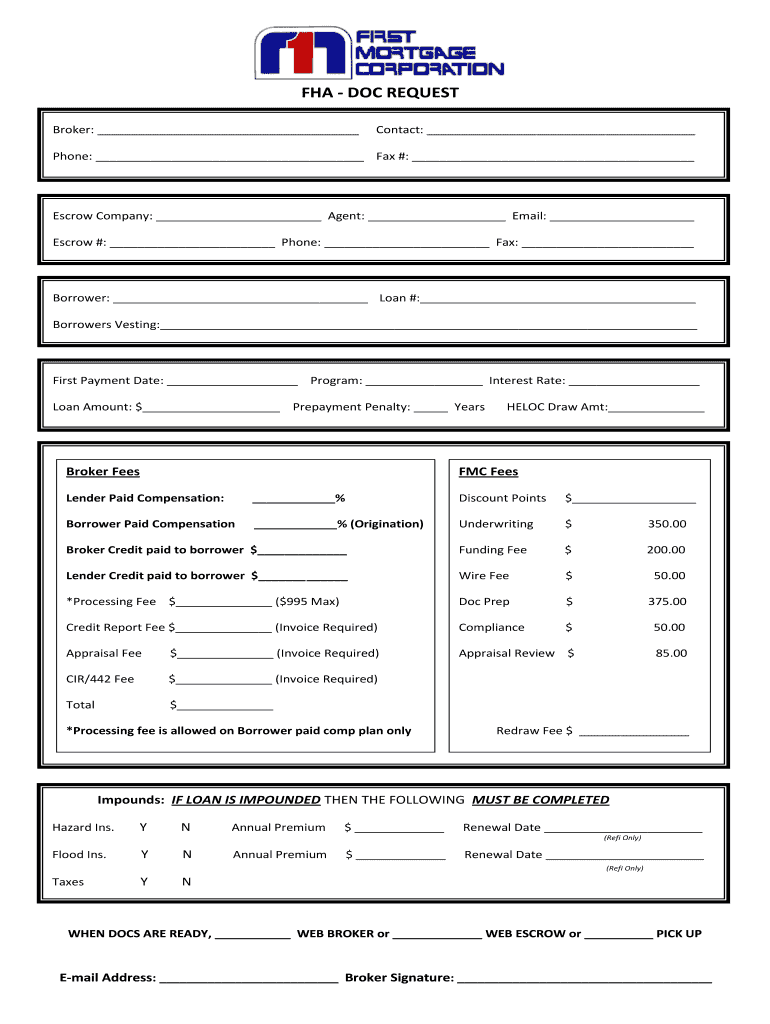 Fillable Online FHA - DOC REQUEST - First Mortgage Corporation Fax ...