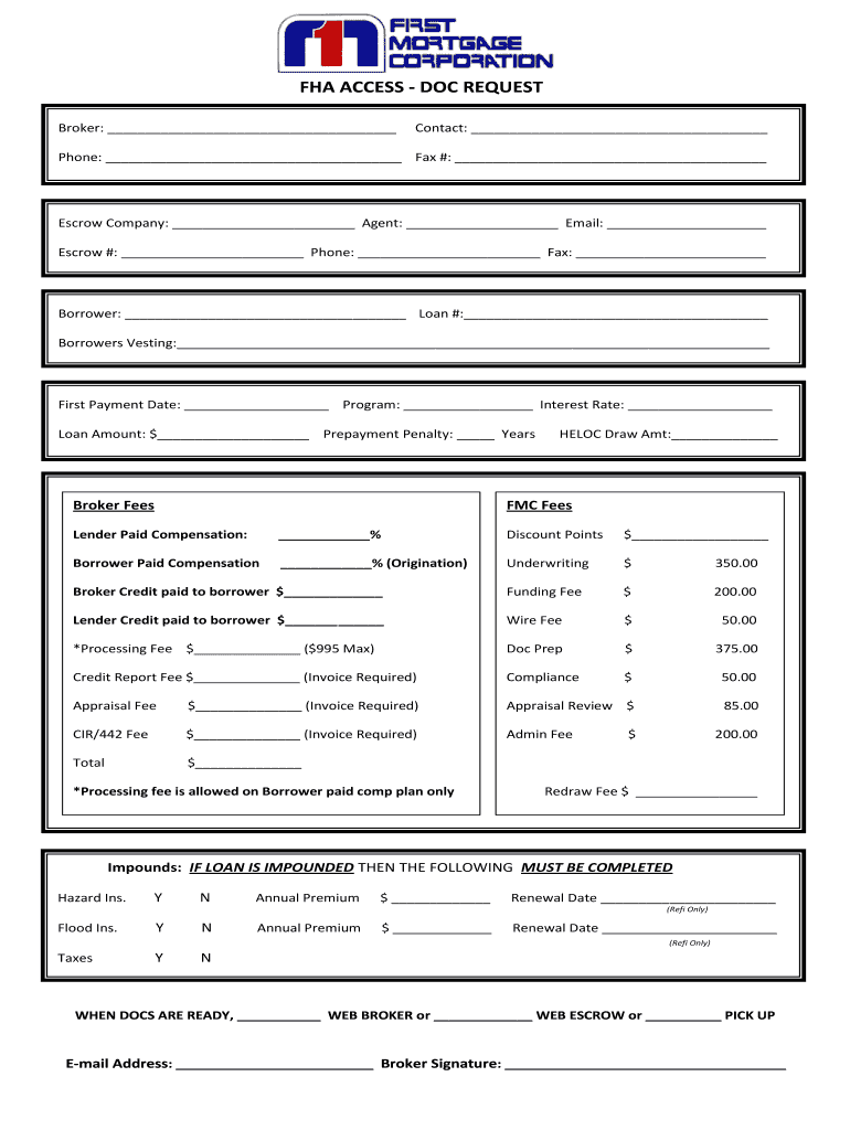 Fillable Online FHA ACCESS - DOC REQUEST - First Mortgage Corporation ...
