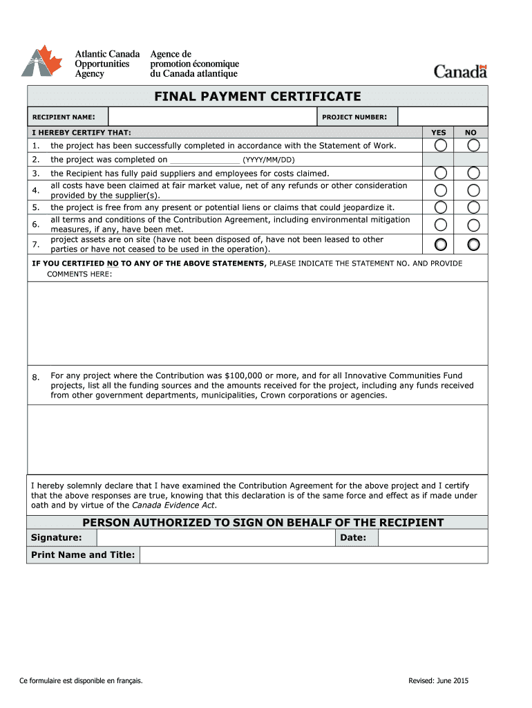 Fillable Online Final Payment Certificate - ACOA - APECA Fax Email Print - pdfFiller