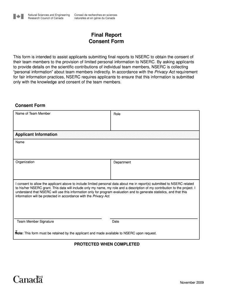 Fillable Online nserc-crsng gc Final Report Consent Form - nserc ...