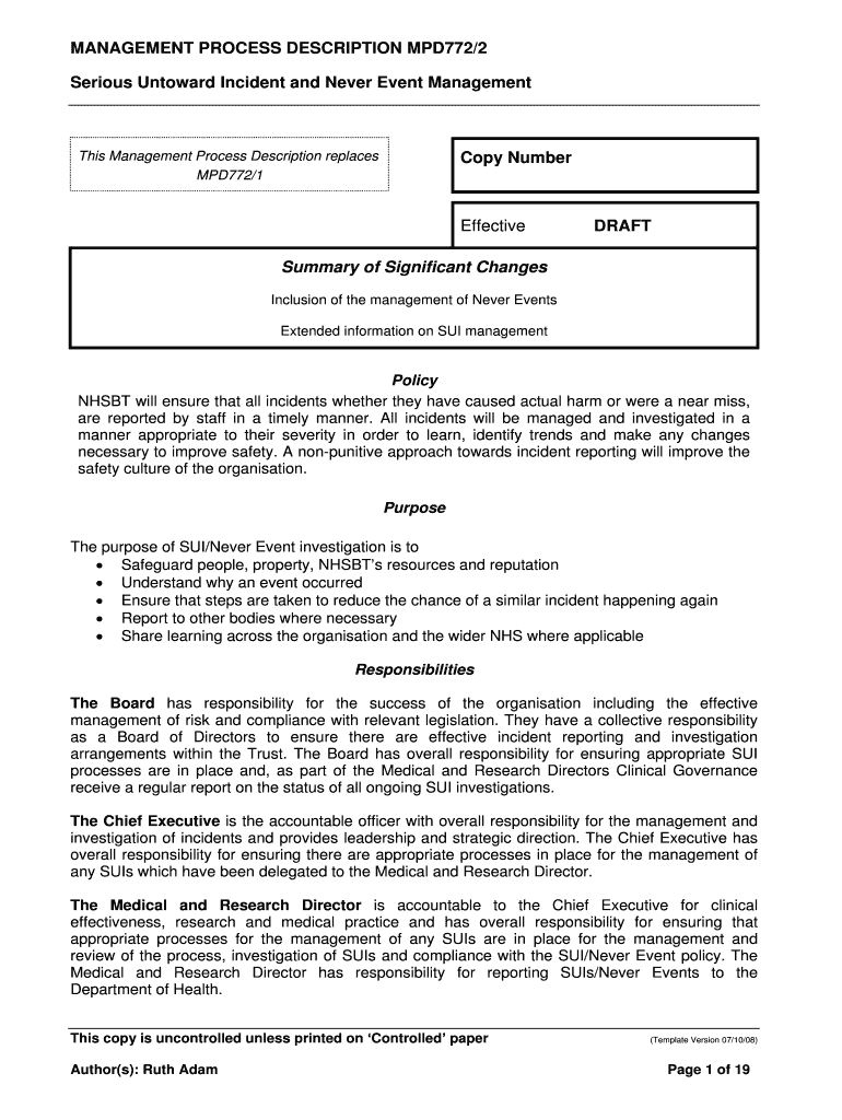 Fillable Online nhsbt nhs MANAGEMENT PROCESS DESCRIPTION MPD7722 Copy ...