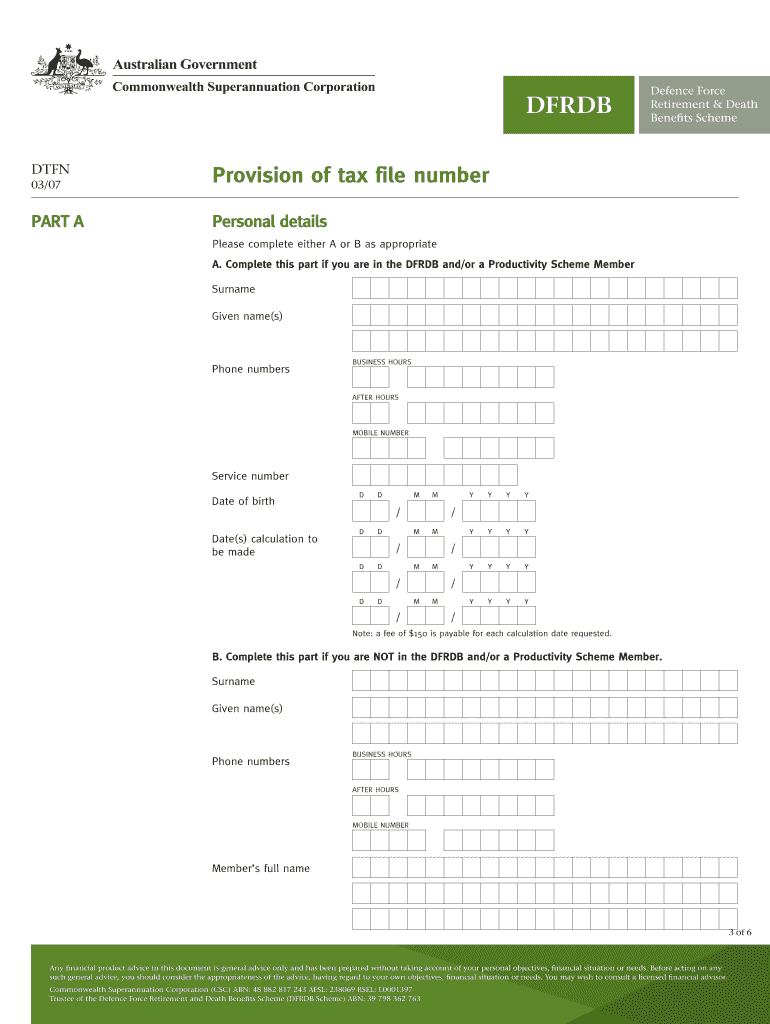 Fillable Online dfrdb gov DTFN Provision of a tax file number DTFN ...