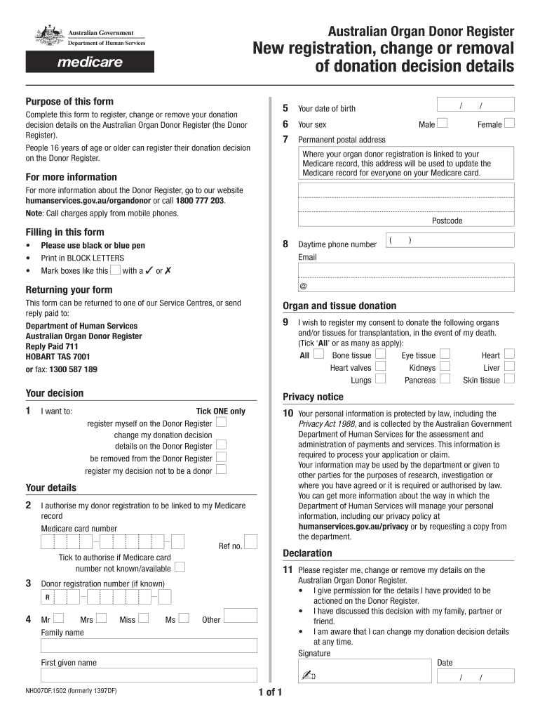 Fillable Online humanservices gov Australian Organ Donor Register New registration change Fax ...