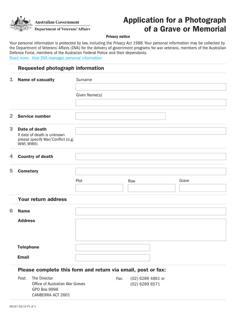 Fillable Online dva gov Application for a Photograph of a Grave or Memorial Fax Email Print ...