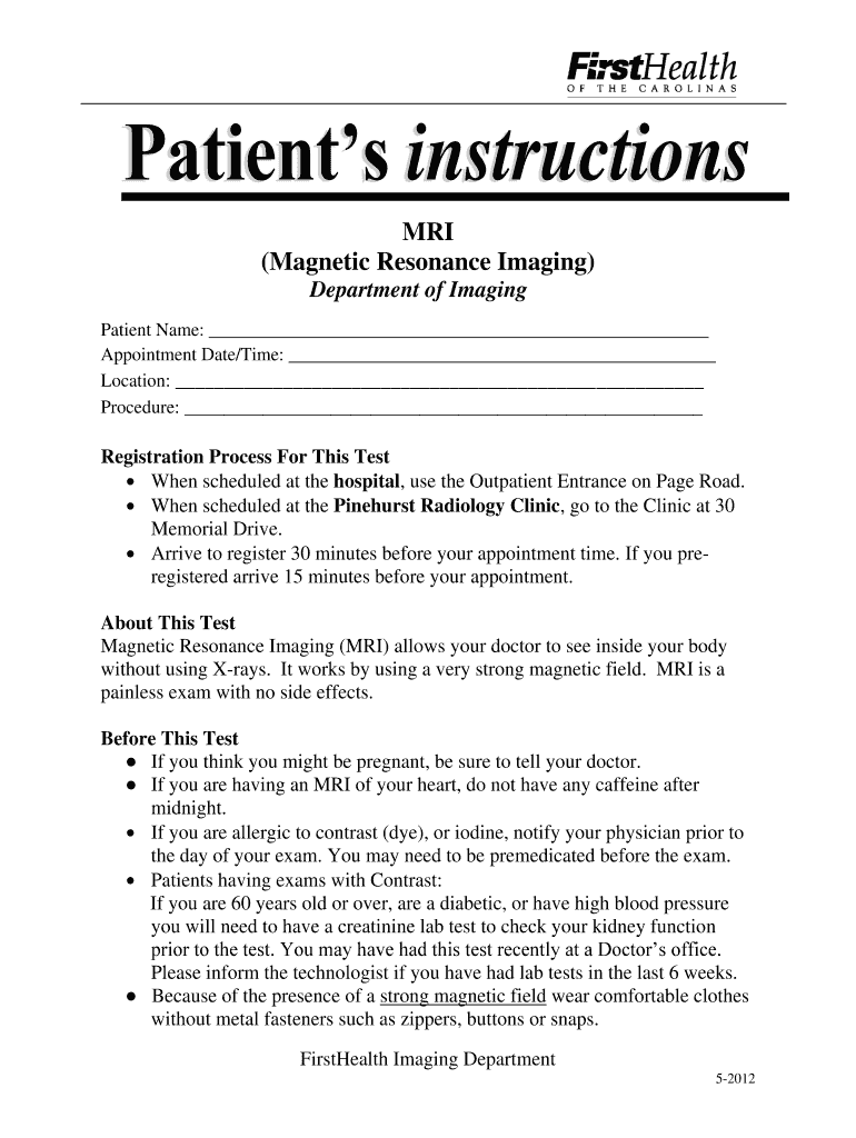 Fillable Online firsthealth MRI Magnetic Resonance Imaging Patient ...