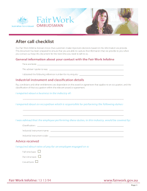 Fillable Online fairwork gov After call checklist After call checklist ...