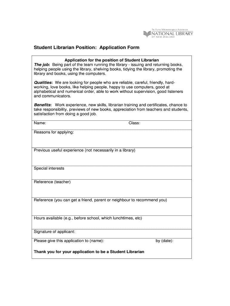 Fillable Online Student Librarian Position Application Form Fax Email ...