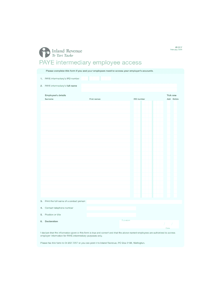 Fillable Online ird govt PAYE intermediary employee access - Inland ...