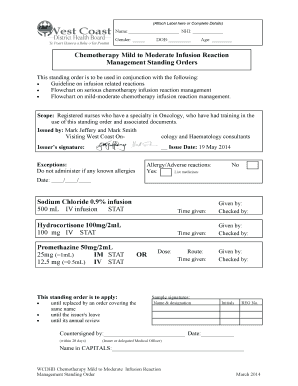Fillable Online Chemotherapy Mild to Moderate Infusion Reaction ...