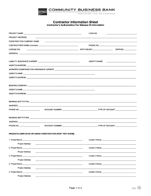 Fillable Online Contractor Information Sheet - Community Business Bank ...