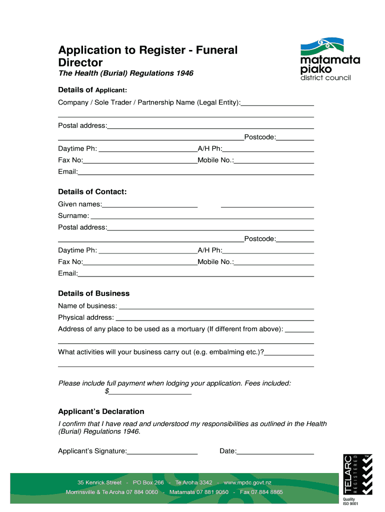 Fillable Online Application to Register - Funeral Director Fax Email ...