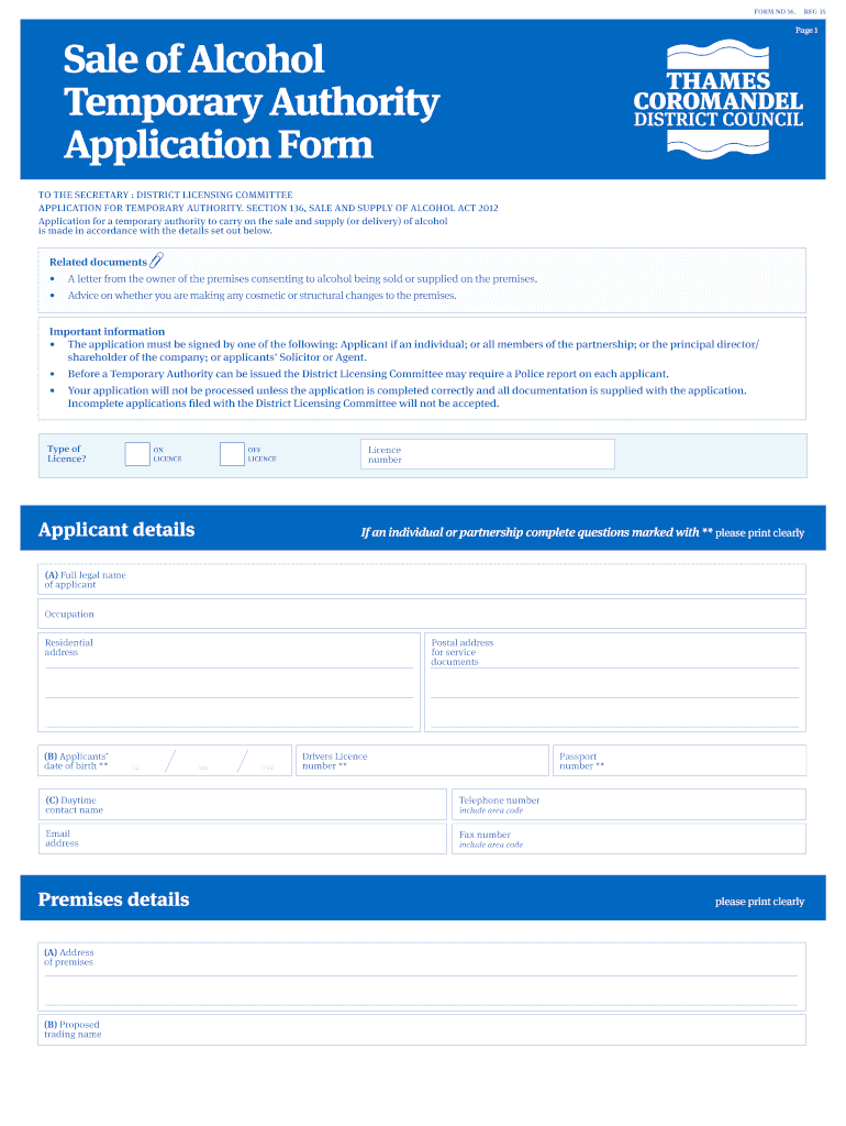 Fillable Online tcdc govt Sale of Liquor Temporary Authority ...