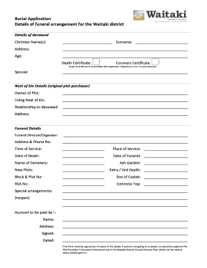 Fillable Online Burial Application Details of funeral arrangement for ...